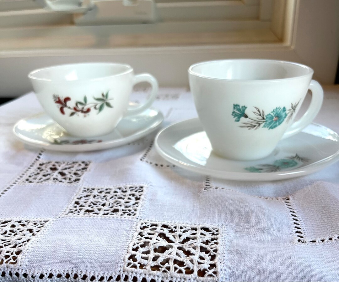 Fire King Red and Blue Tea Cup and Saucer I Vintage White Flowered Fire ...