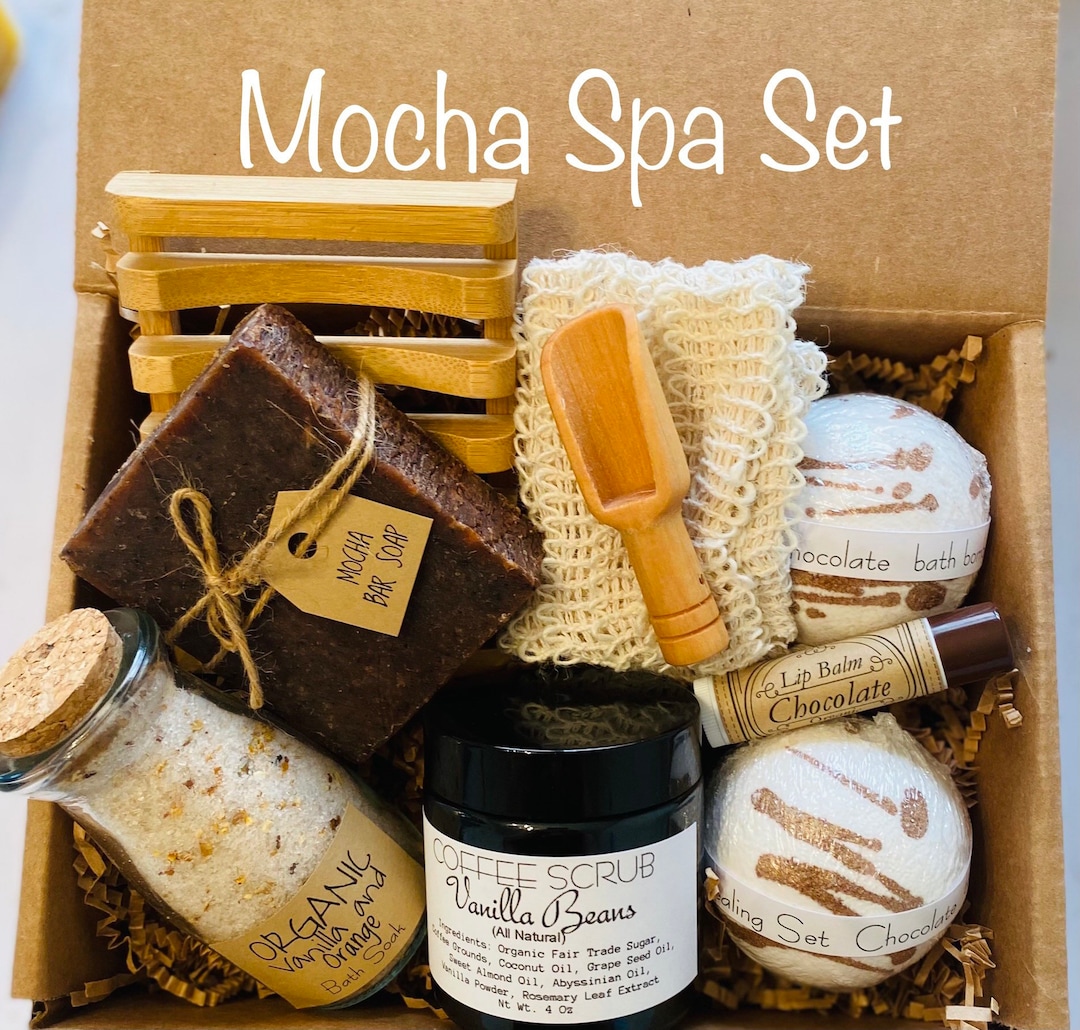 Mocha Spa Gift Set, Vanilla Bean Coffee Scrub, Chocolate Lip Balm, Soap, Salts - Etsy