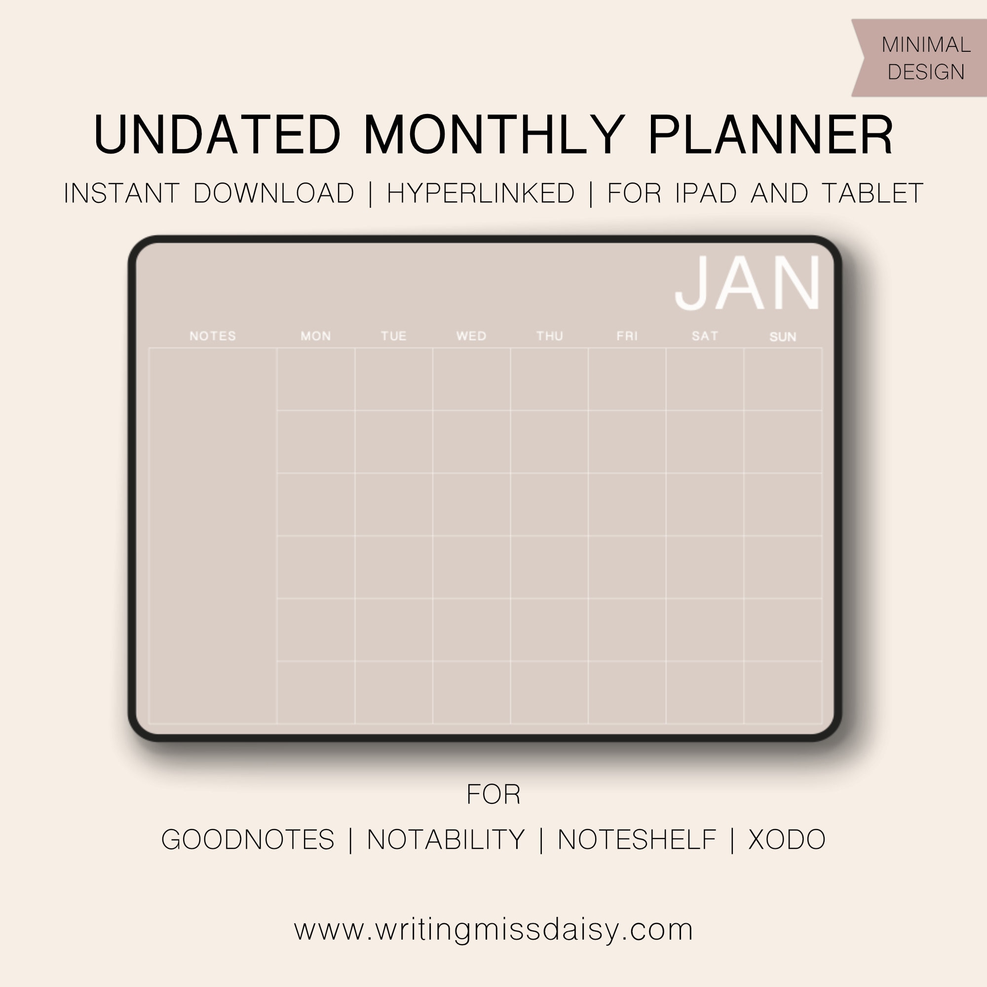 Minimal Digital Monthly Planner for Goodnotes, Aesthetic Undated iPad ...