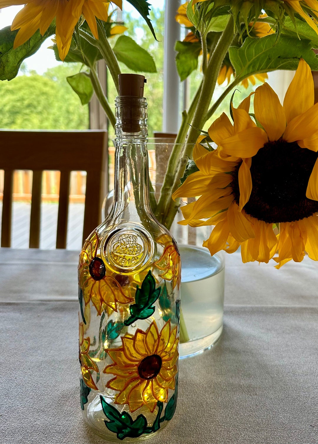 Hand Painted Bottle ,sunny Sunflowers, Bottle With Lights,sunflower ...