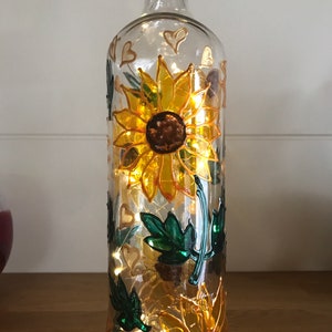 Hand Painted Bottle ,sunflowers and Hearts,bottle With Lights,sunflower ...