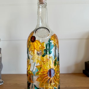 Hand Painted Bottle ,sunflowers and Hearts,bottle With Lights,sunflower ...