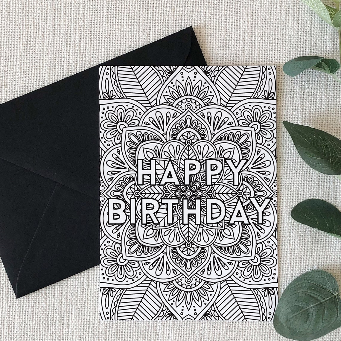 Happy Birthday, Coloring Card, Mandala, Printable, Digital Download ...