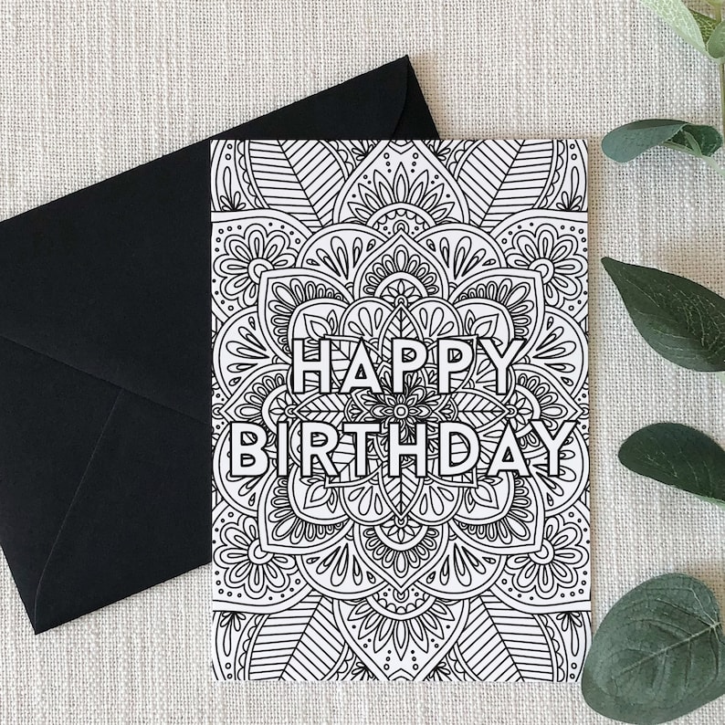 Happy Birthday, Coloring Card, Mandala, Printable, Digital Download ...