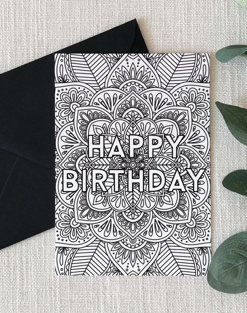 Happy Birthday, Coloring Card, Mandala, Printable, Digital Download ...