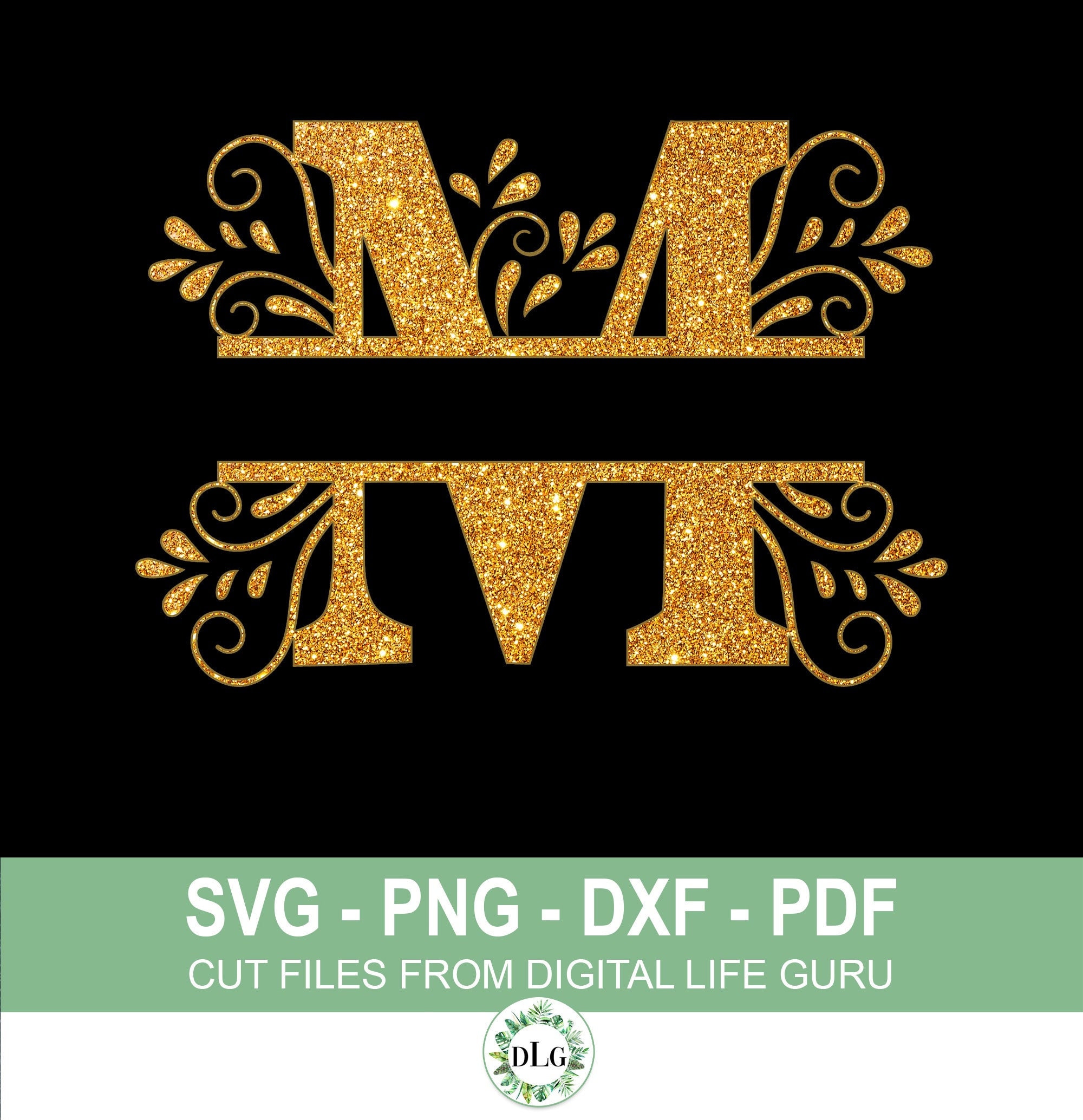 M-gold Glitter Split Alphabet Letter SVG, DXF Monogram - Etsy