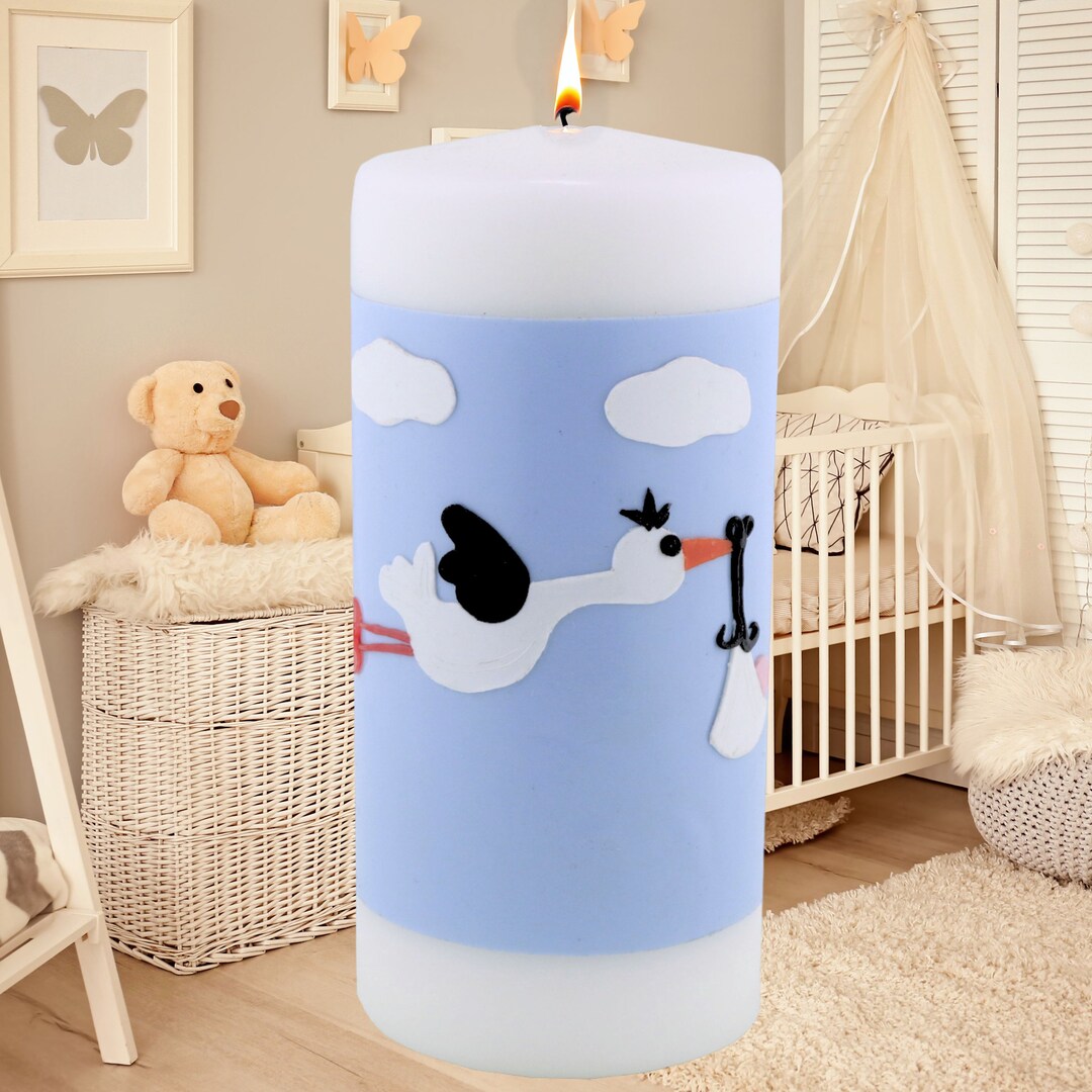 Birth Candle Personalizable With Flying Stork on Blue Sky With Clouds ...