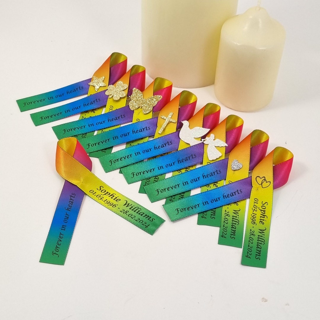Personalised Rainbow Funeral Ribbons. Ready to Wear Memorial Ribbons ...