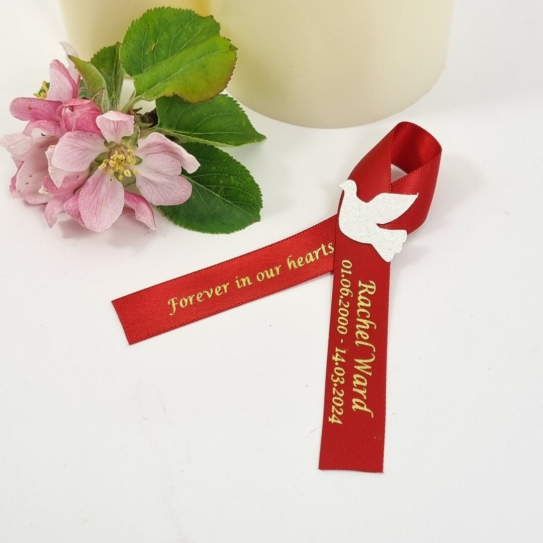 Ready to Wear Personalised Funeral Ribbons. Memorial Ribbons With White ...