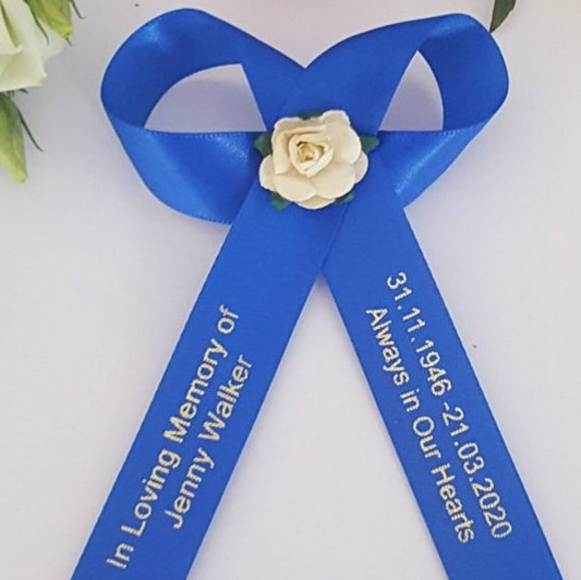 Any Colour Personalised Funeral Ribbons With Cream Rose. Double Loop ...