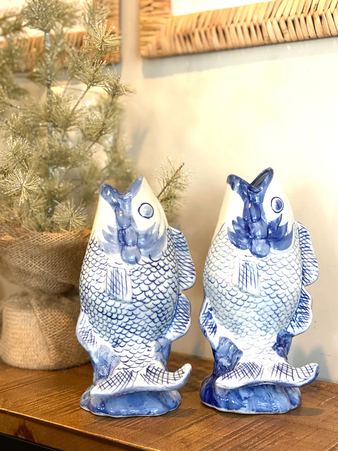 Vintage Williams Sonoma Ceramic Koi Fish Vases - Set of Two - Blue and ...