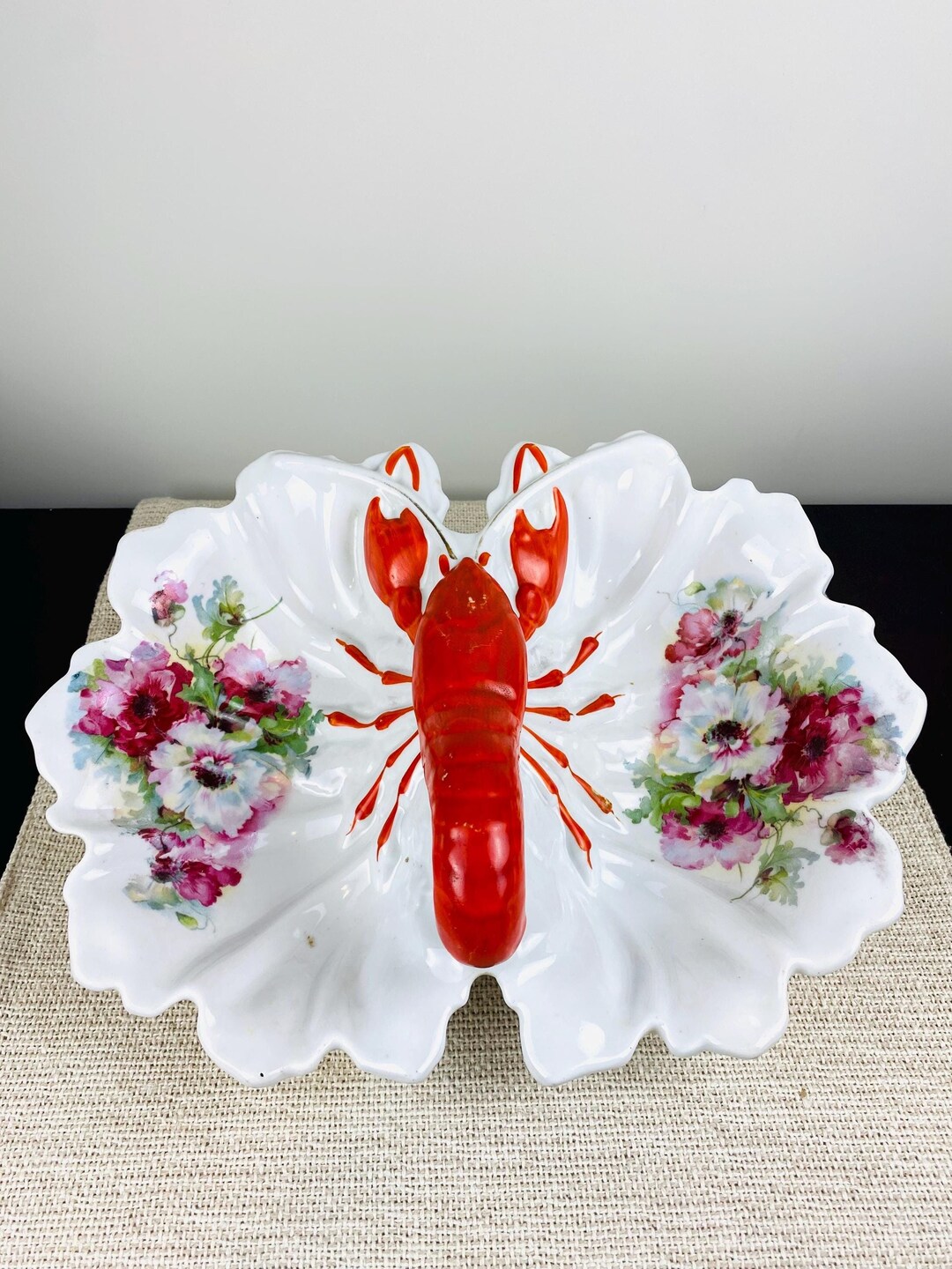 ANTIQUE Large German Hand Painted Floral LOBSTER Divided Ceramic Dish ...