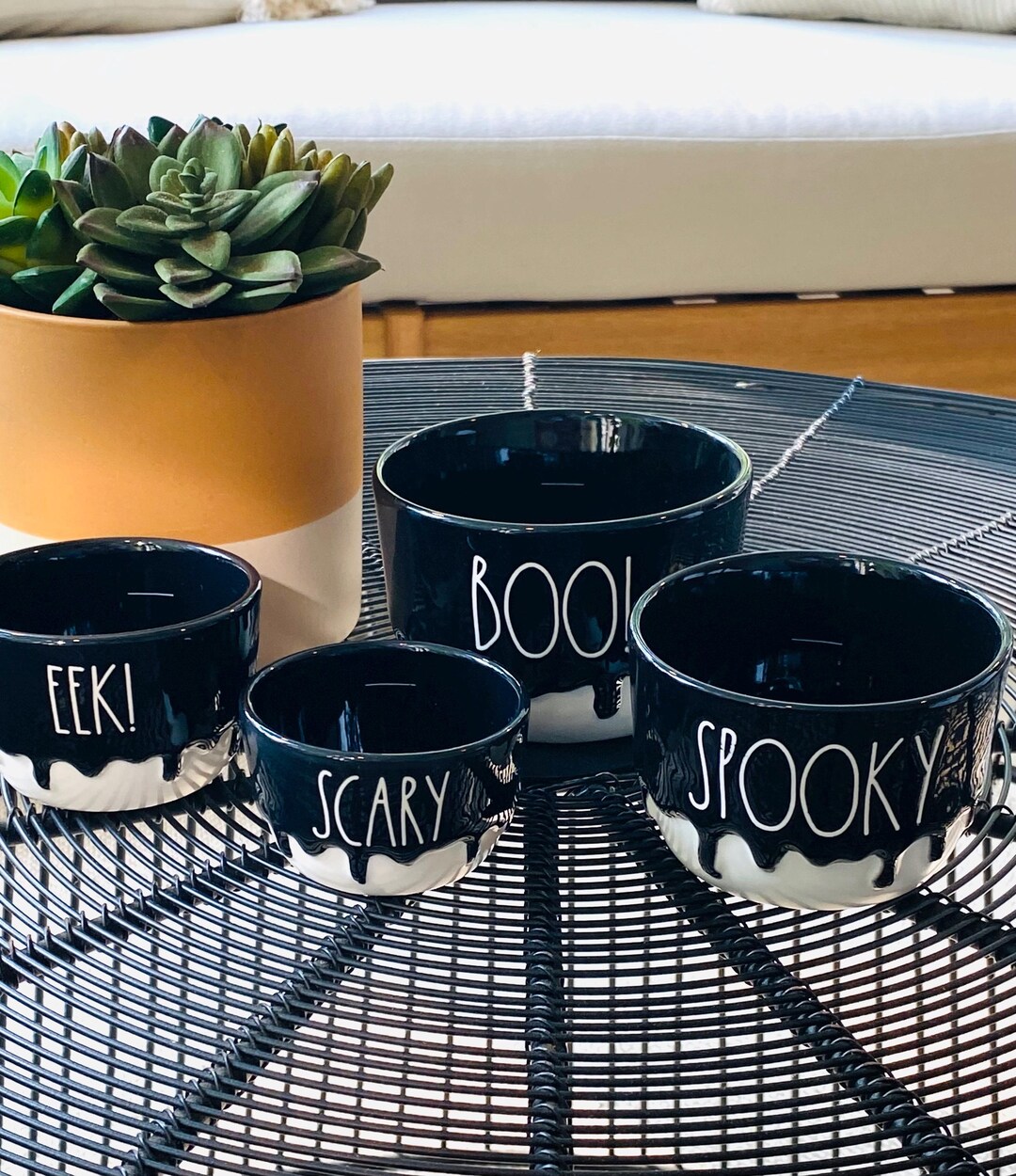 NEW Rae Dunn Ceramic Black & White BOO Set of Four Spooky Halloween ...