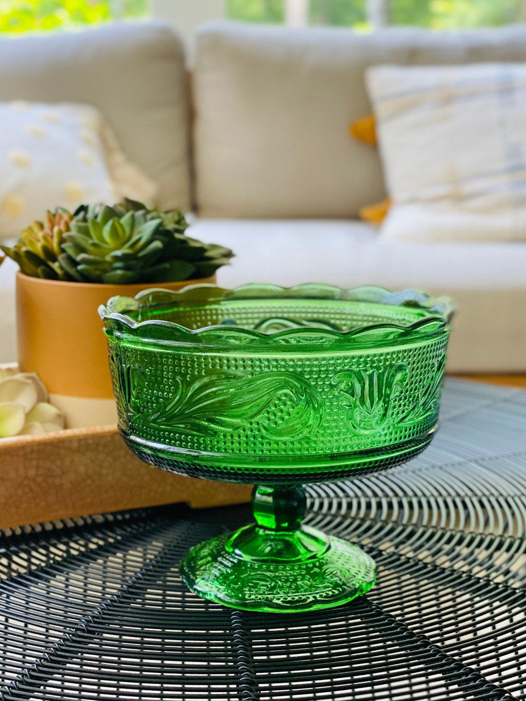 Vintage Emerald Green Glass Compote Dish – Floral Pedestal Bowl - Etsy