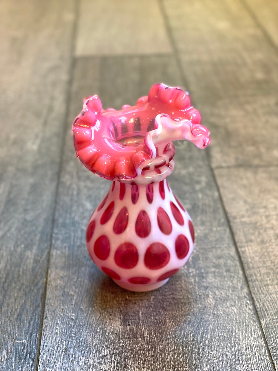 Antique Vintage Fenton Small Coin Dot Ruffled Cranberry Opalescent ...