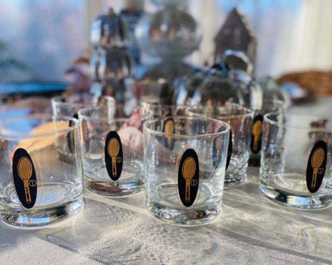 Vintage Gold Tennis Racket on Black Oval Whiskey Glasses II Set of 8 ...