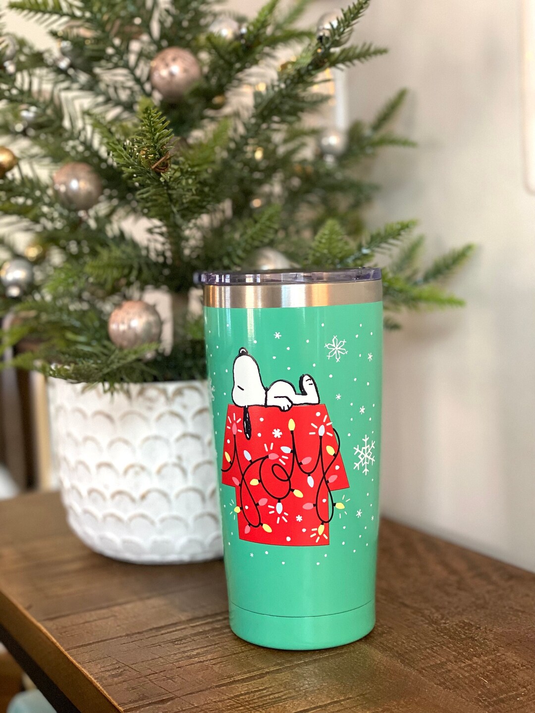 NEW Peanuts Snoopy Christmas JOY Light Doghouse Mint Green Metal Travel Tumbler Coffee Mug ...