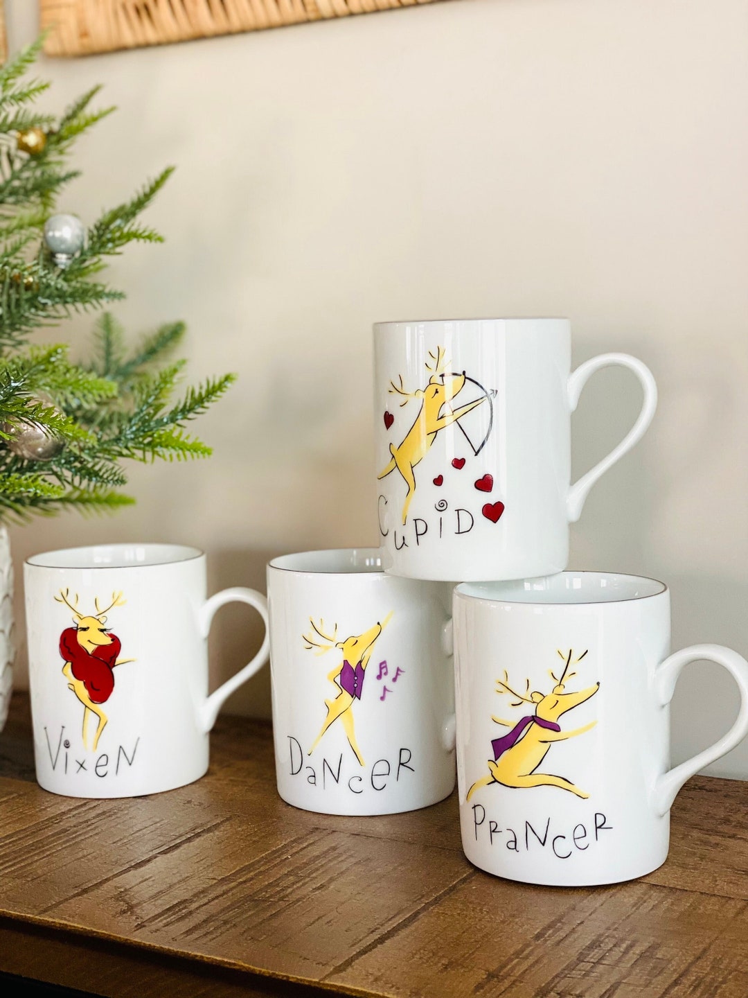 Set of Four Pottery Barn Reindeer Mugs Dasher Vixen - Etsy