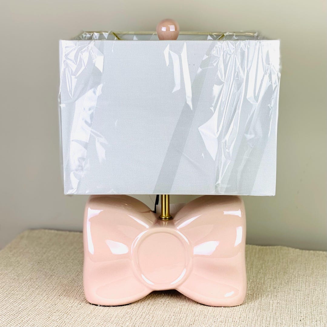 KARMA NEW Square Ceramic Pink Iridescent Shiny Bow Girl Lamp - Pink Bow ...