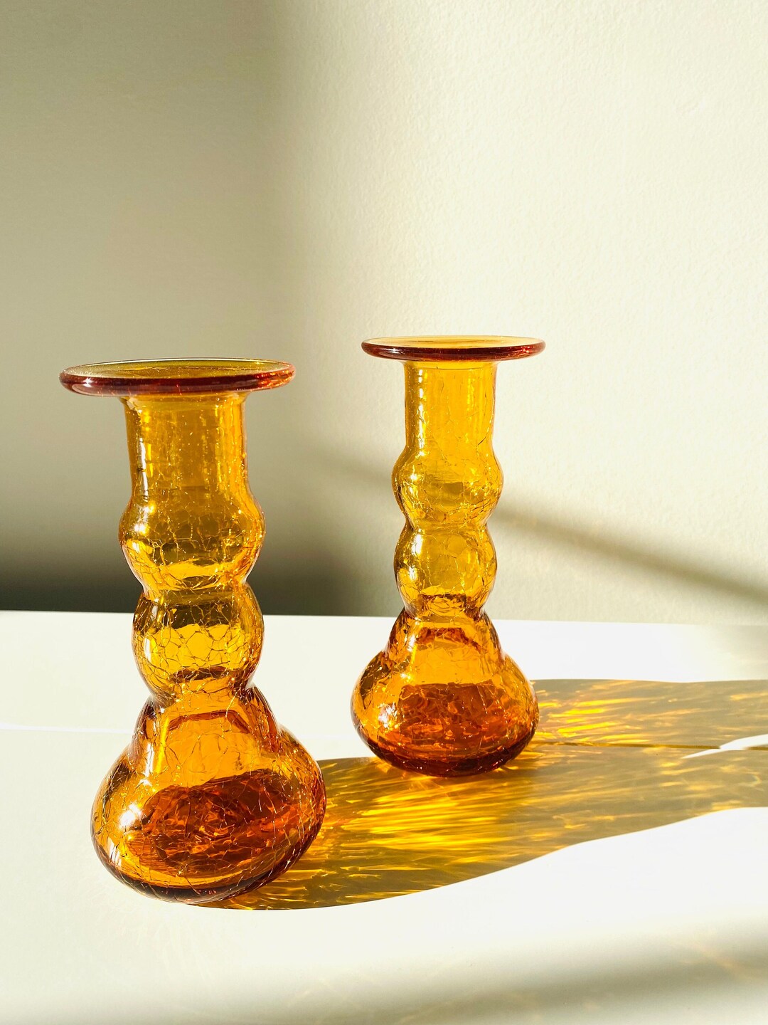 Vintage Amber Crackle Glass Candlestick Holders - MCM Decor, Set of 2 ...