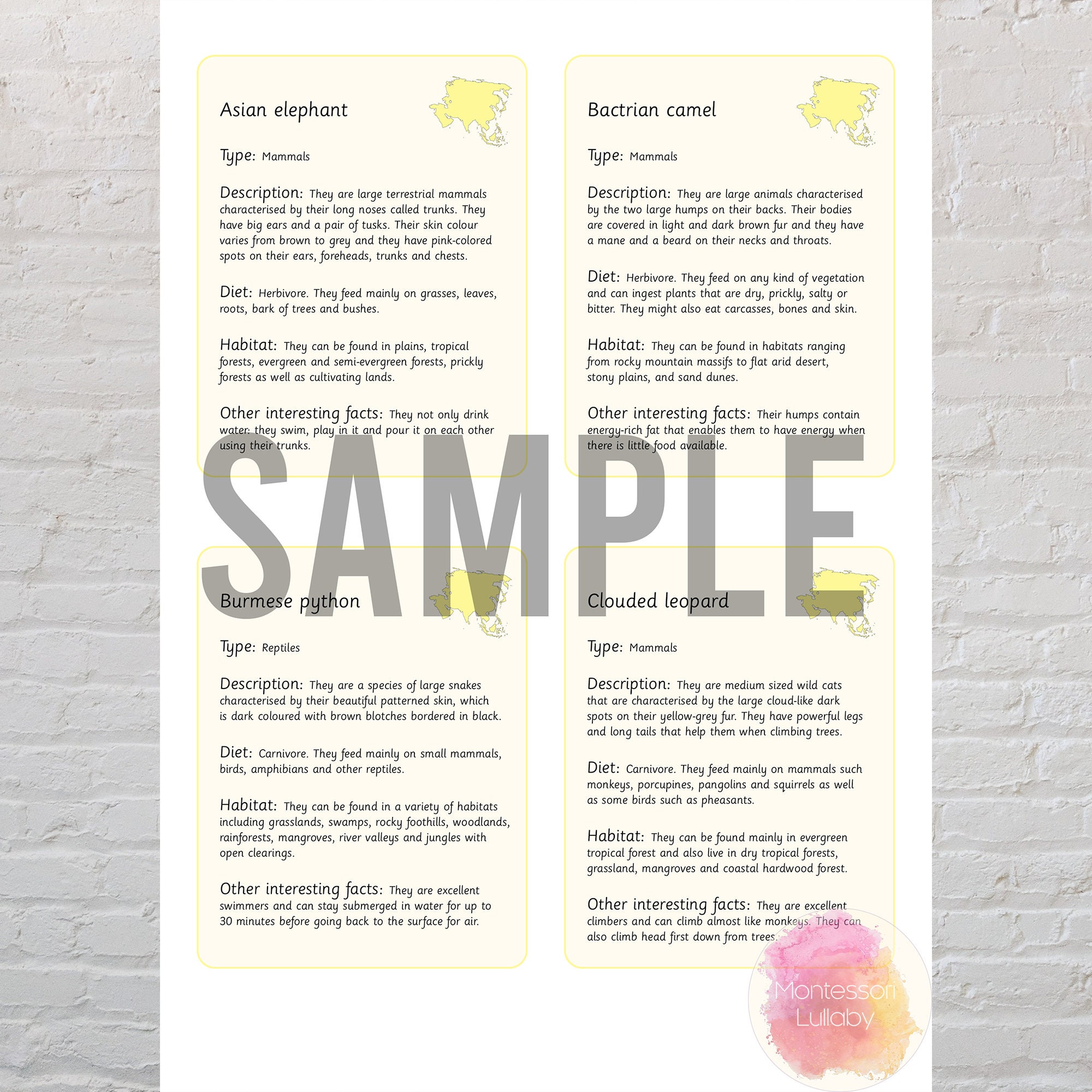 ASIA ANIMALS Three Part Cards Lesson Plan Animal Facts Montessori Cards ...