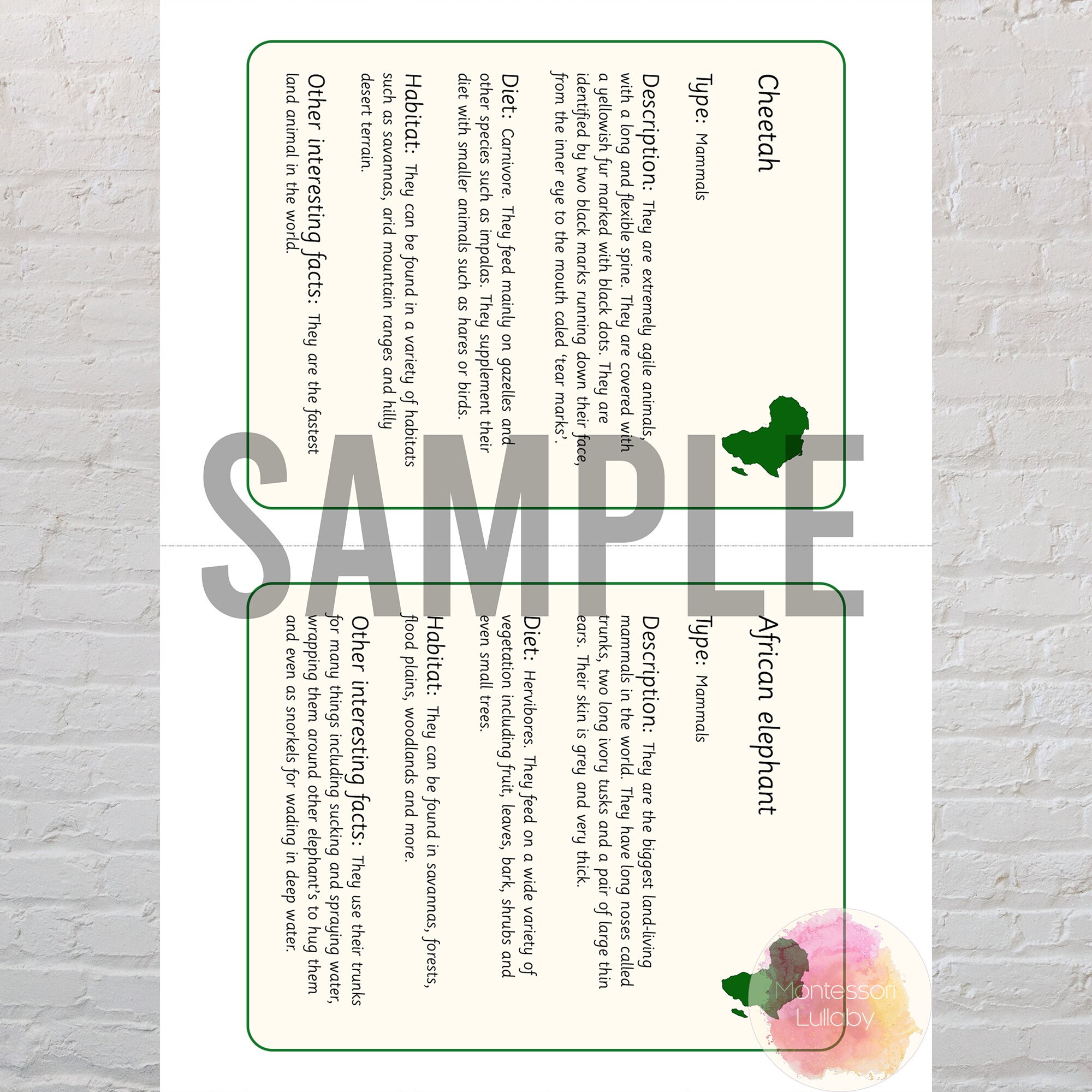 AFRICA ANIMALS Three Part Cards Lesson Plan Animal Facts Montessori ...