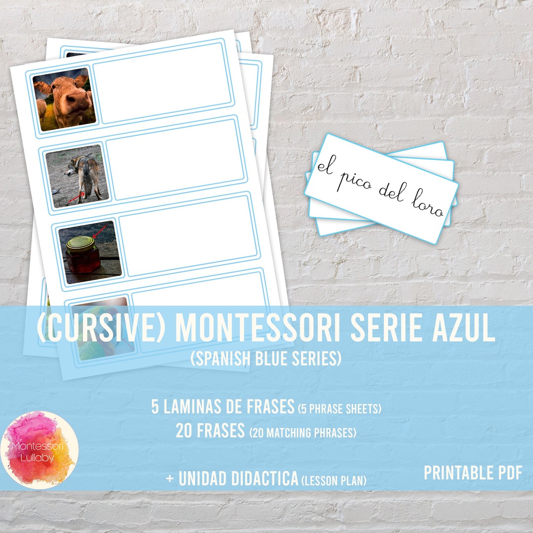 Cursive SERIE AZUL MONTESSORI Lesson 5 Phrase Strips Spanish Blue ...