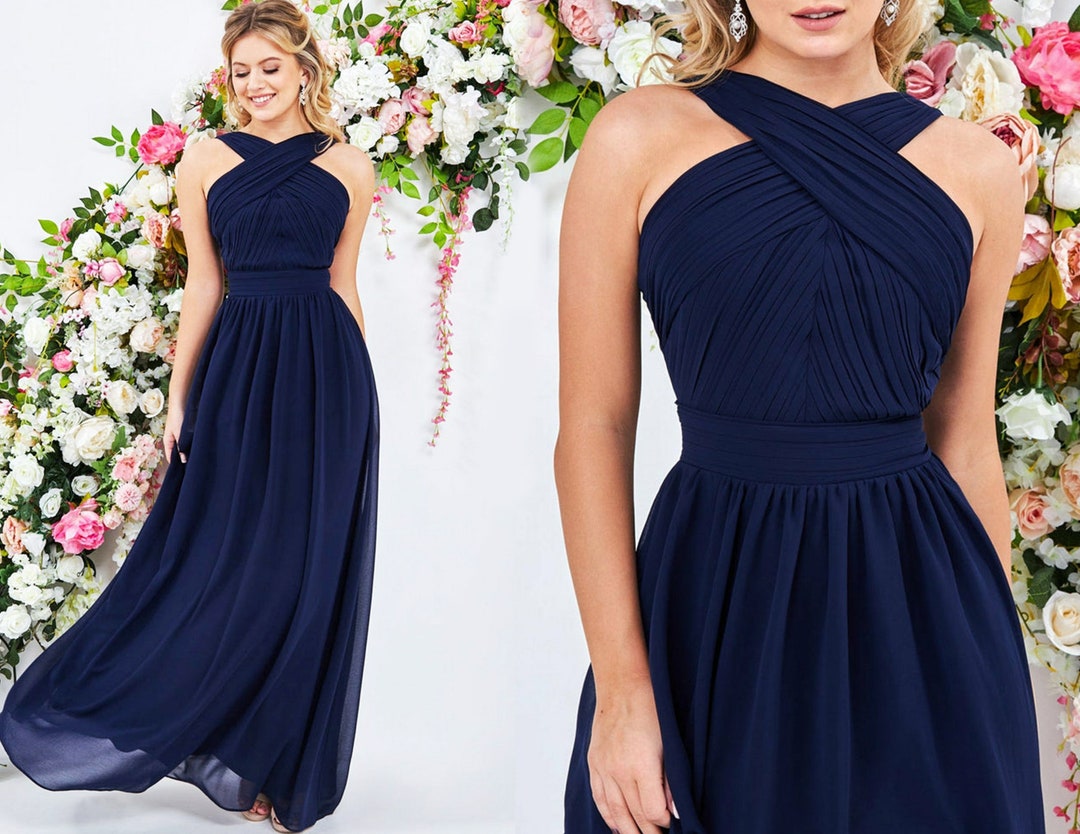 Halter Neck Chiffon Maxi Dress Navy Top Pick for - Etsy