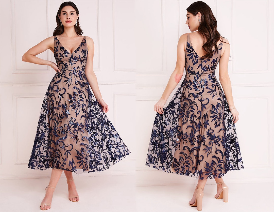 Sequin Mesh V-neck Flared Skirt Midi Navy, Wedding Guest Dress, Party ...