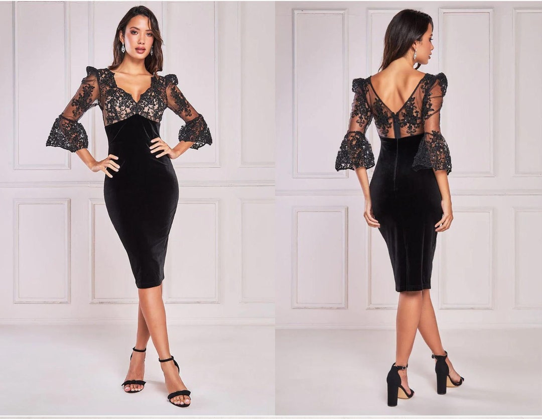 Scalloped Lace & Velvet Midi Black, Party Dress, Date Night Dress ...
