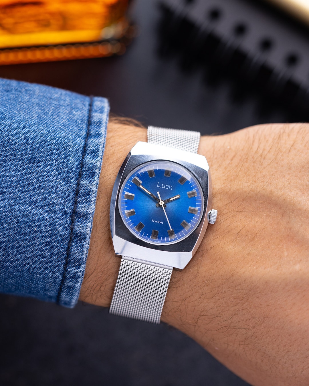 Vintage Luch Watch, Unique Navy Blue Dial, Art Deco Style, Original ...