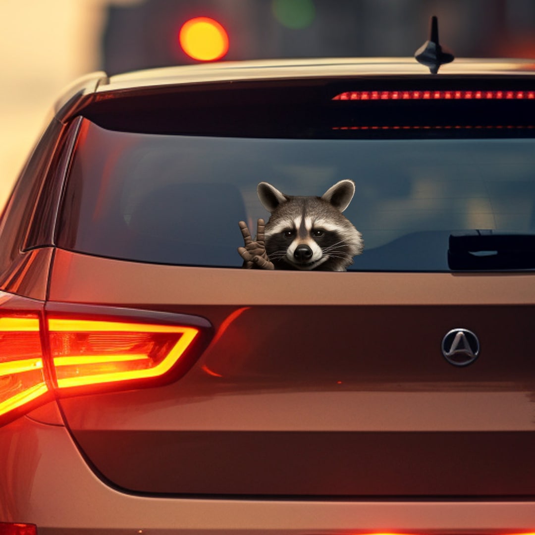 Raccoon Car Decal - Cute Peek-a-boo Window Sticker, Peace Sign Gesture ...