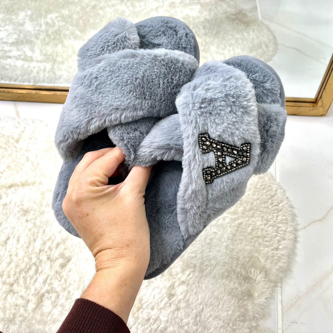 Grey Luxury Personalised Fluffy Slippers. Diamante Fluffy Slippers ...