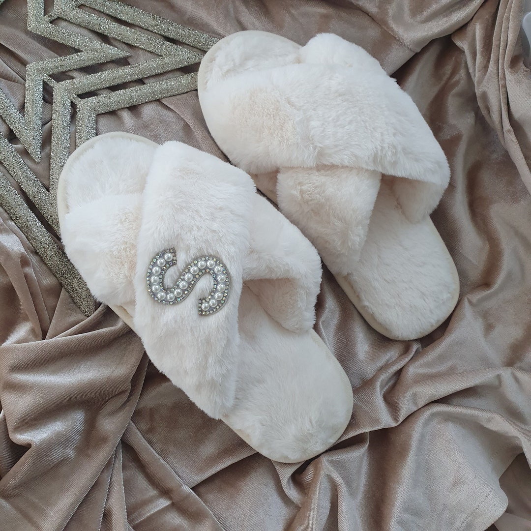 Cream Luxury Personalised Fluffy Slippers. Diamante Fluffy Slippers ...