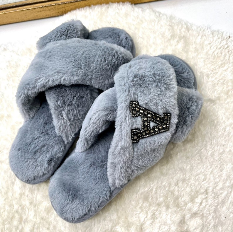 Grey Luxury Personalised Fluffy Slippers. Diamante Fluffy - Etsy UK
