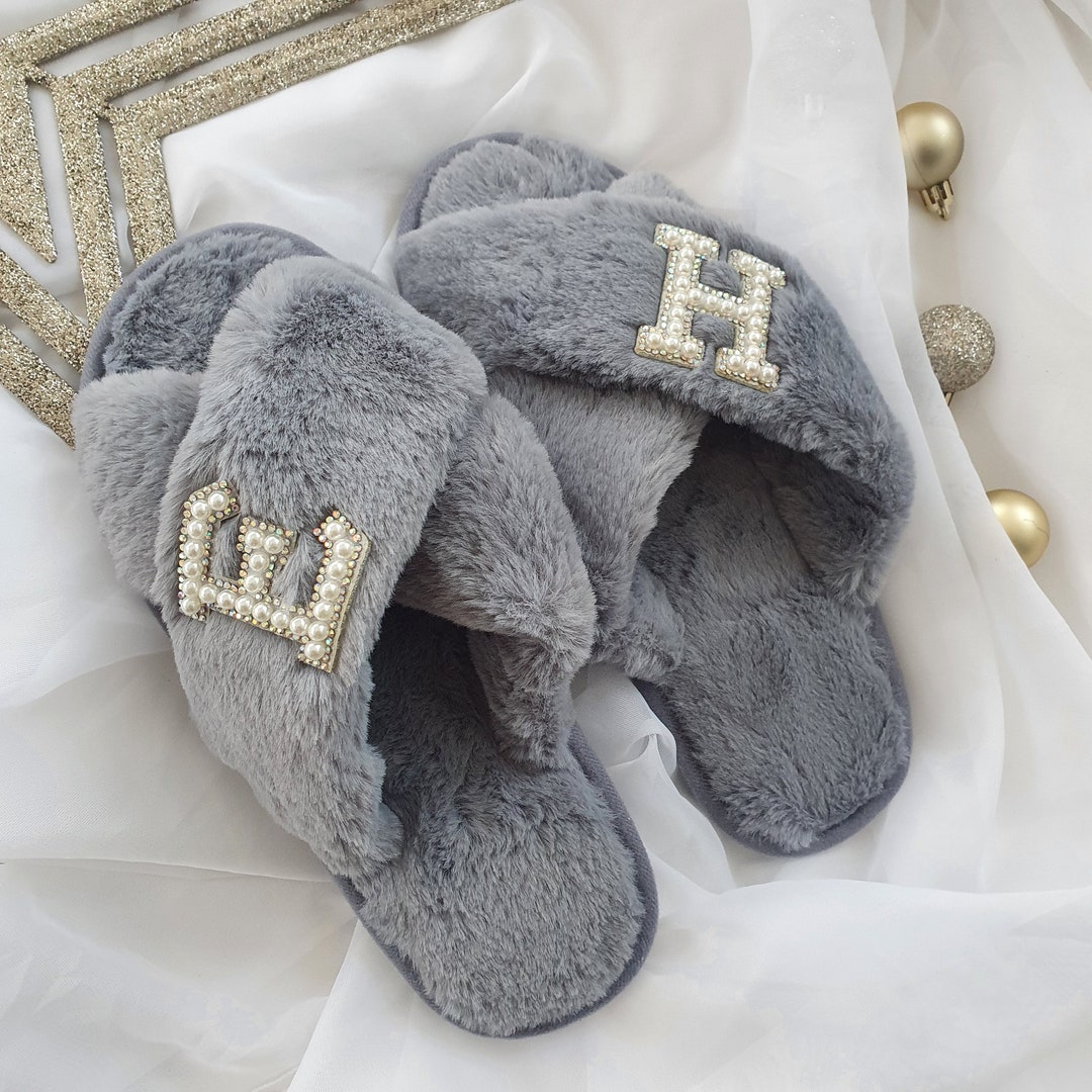 Grey Luxury Personalised Fluffy Slippers. Diamante Fluffy Slippers. Two ...