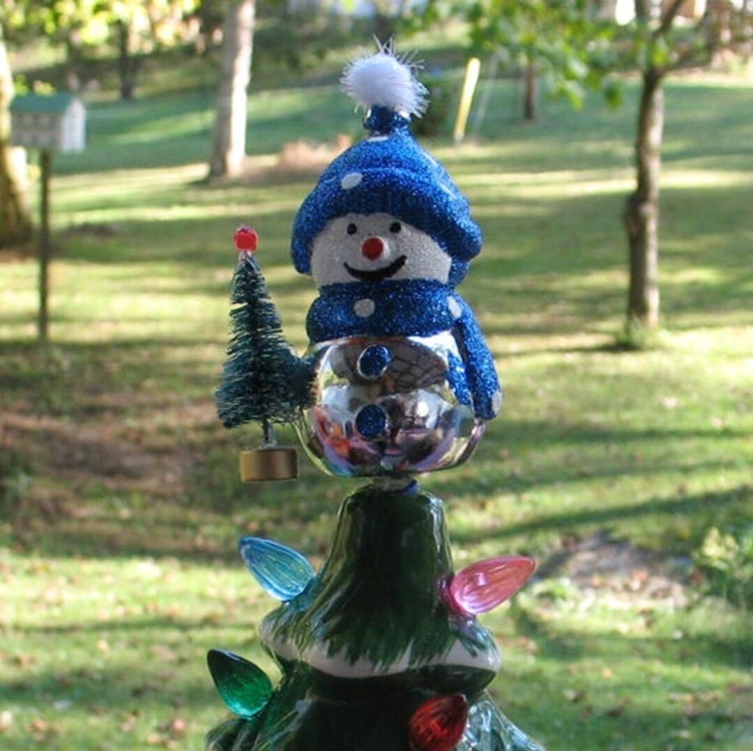 Ceramic Christmas Tree Topper Blue & Gold Glitter Snowman - Etsy