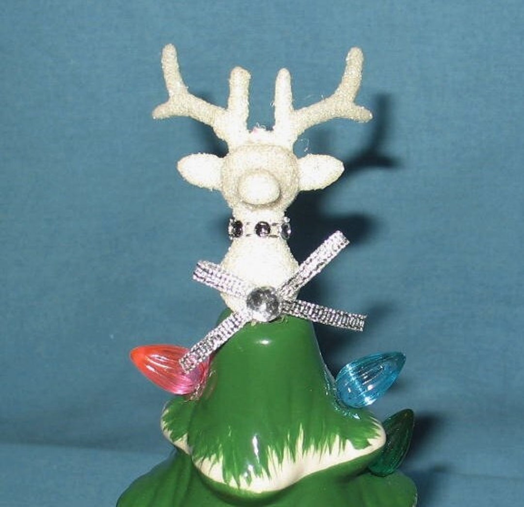 Specialty Small Ceramic Christmas Tree Topper White Glitter Deer Head ...