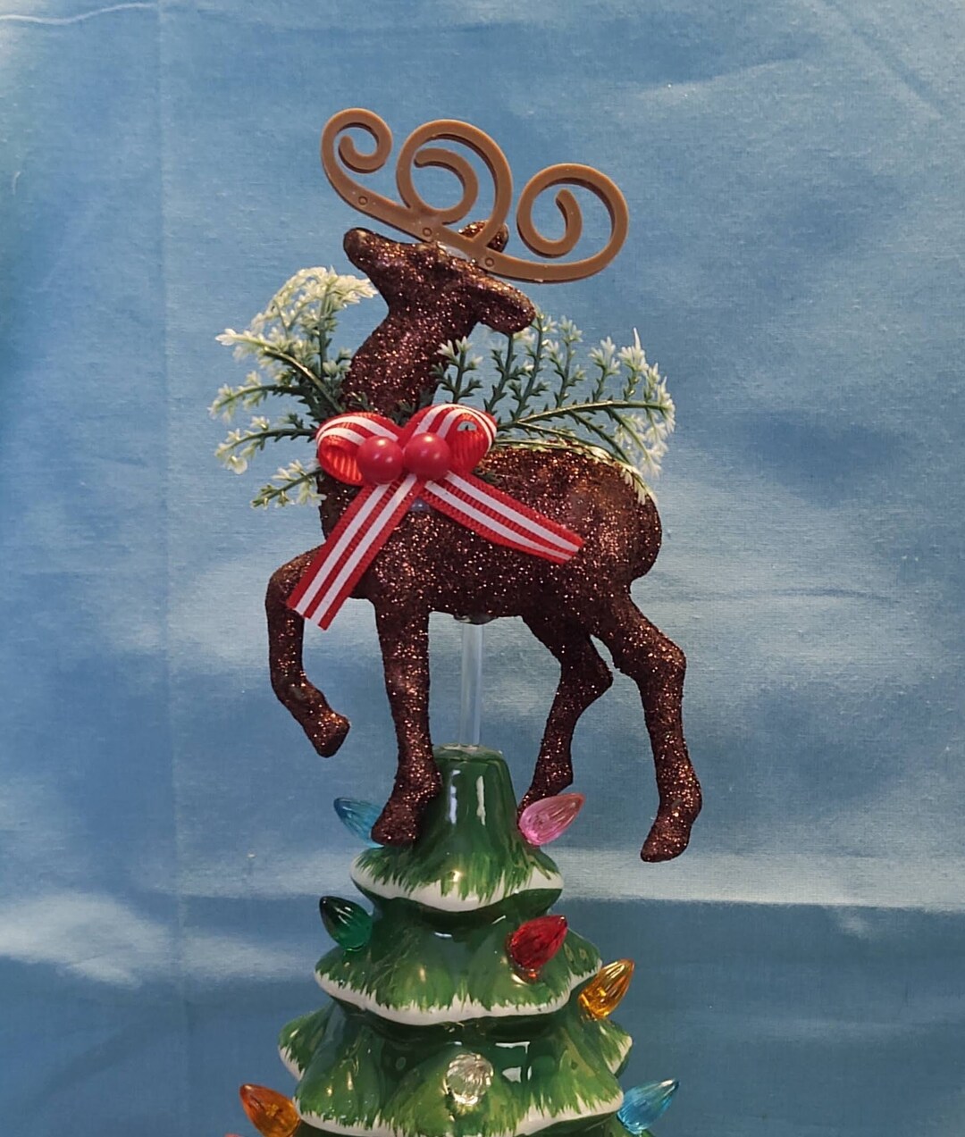 Large Ceramic Christmas Tree Topper Bronze Glitter Reindeer Bulbs Star ...