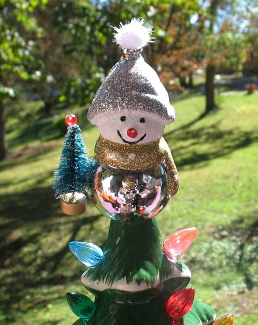Specialty Ceramic Christmas Tree Topper Silver & Gold Glitter Snowman ...