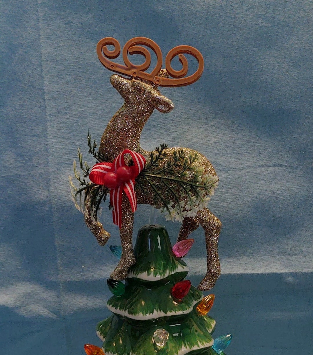 Large Ceramic Christmas Tree Topper Silver Glitter Reindeer Bulbs Star ...