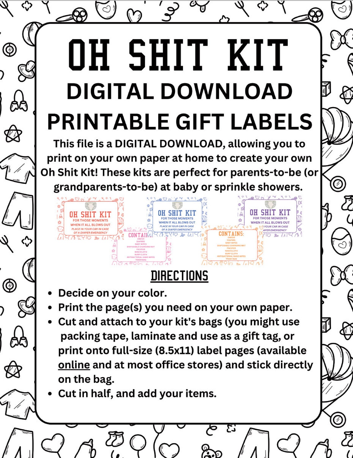 OH SHT Kit Printable Labels Baby Shower Emergency Diaper Change Kit ...