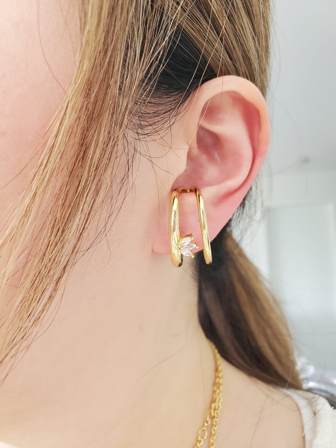 Gold Double Hoops Cuff Earring - Big Ear Lobe Cuff - No Piercing ...