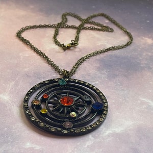 Celestial Solar System Pendant Necklace: Bronze Jeweled Sun, 18” Chain ...