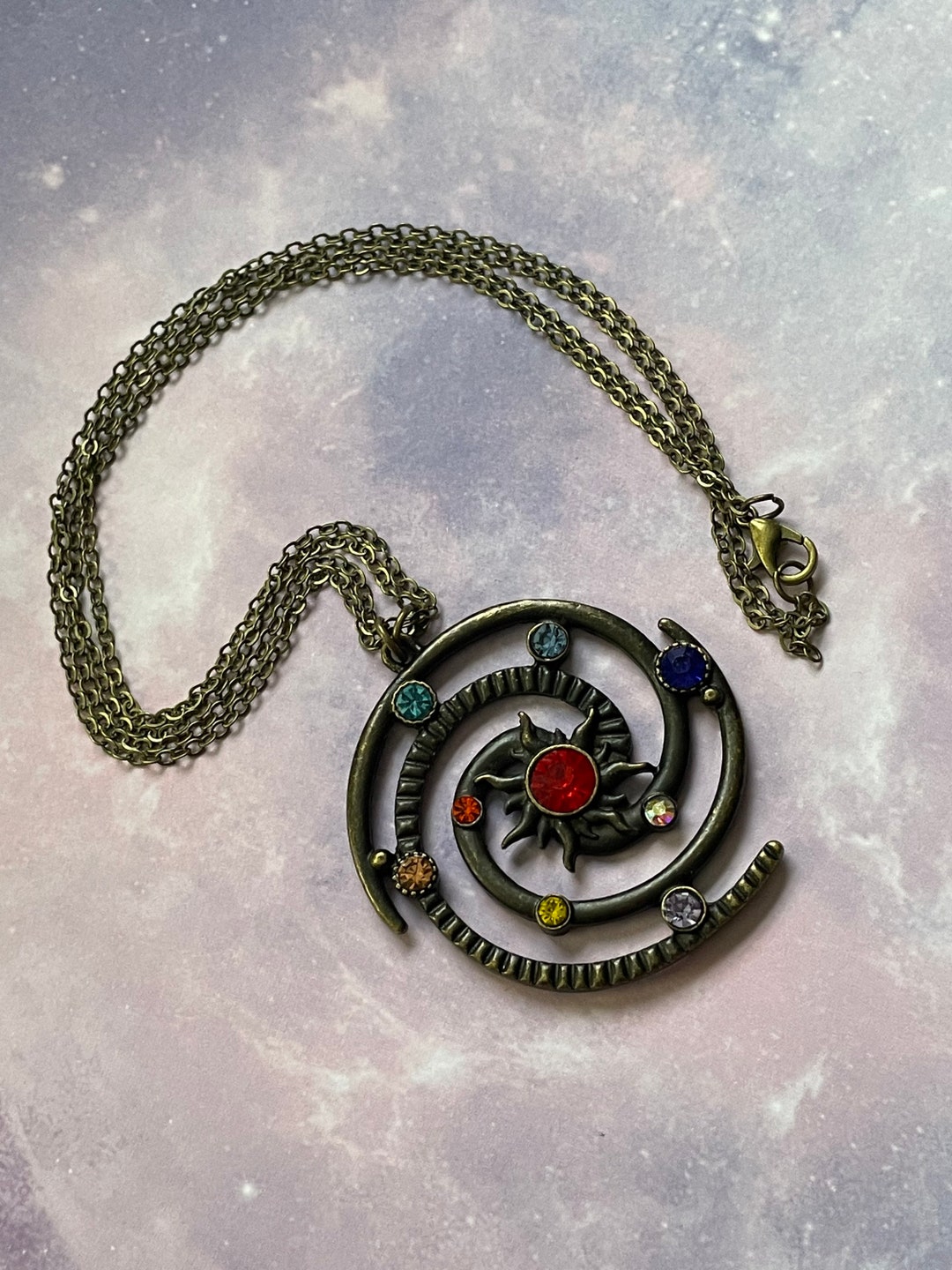 Celestial Solar System Pendant Necklace: Bronze Jeweled Sun, 18” Chain ...
