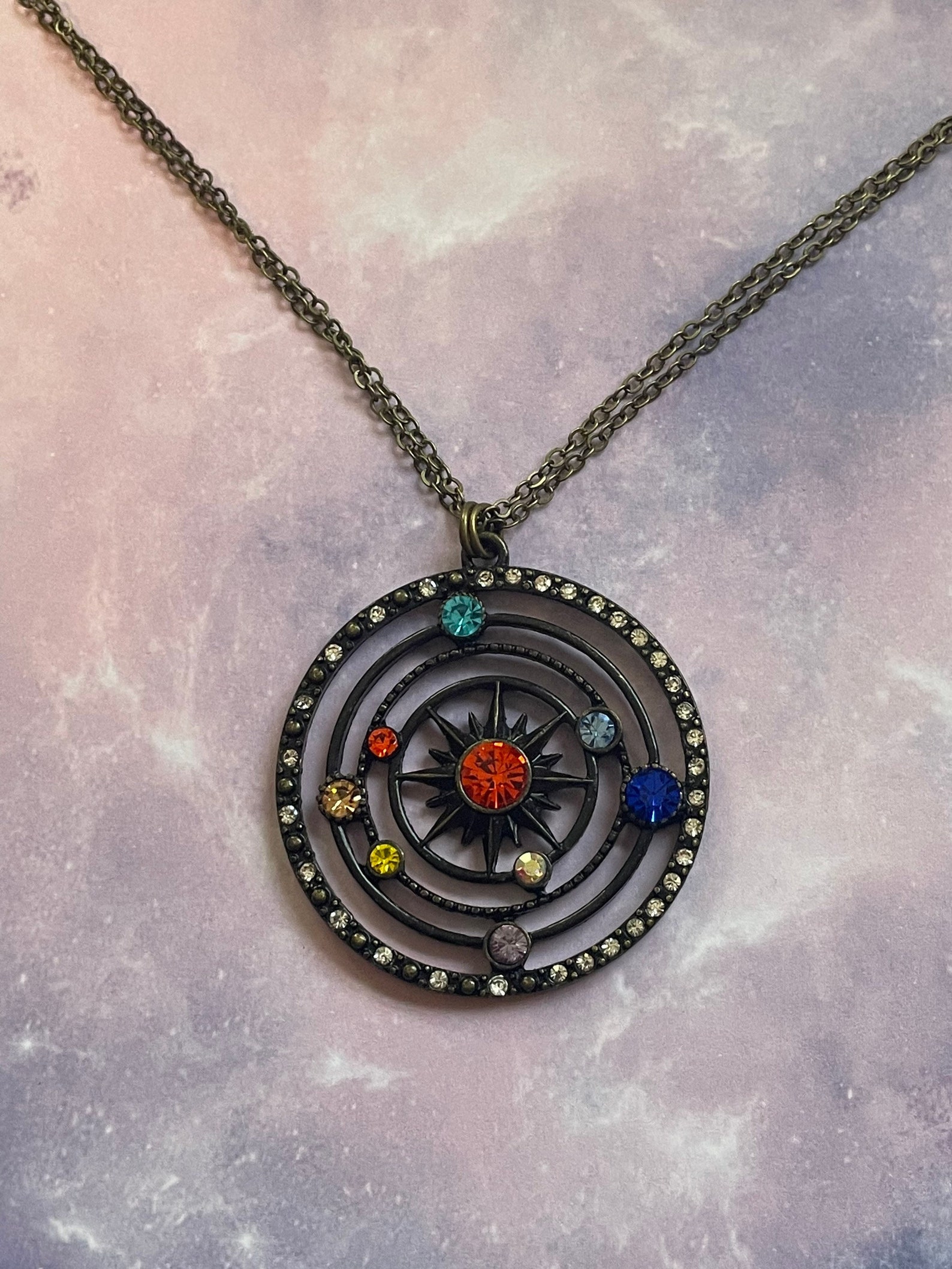 Celestial Solar System Pendant Necklace: Bronze Jeweled Sun, 18” Chain ...