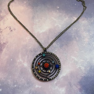 Celestial Solar System Pendant Necklace: Bronze Jeweled Sun, 18” Chain ...