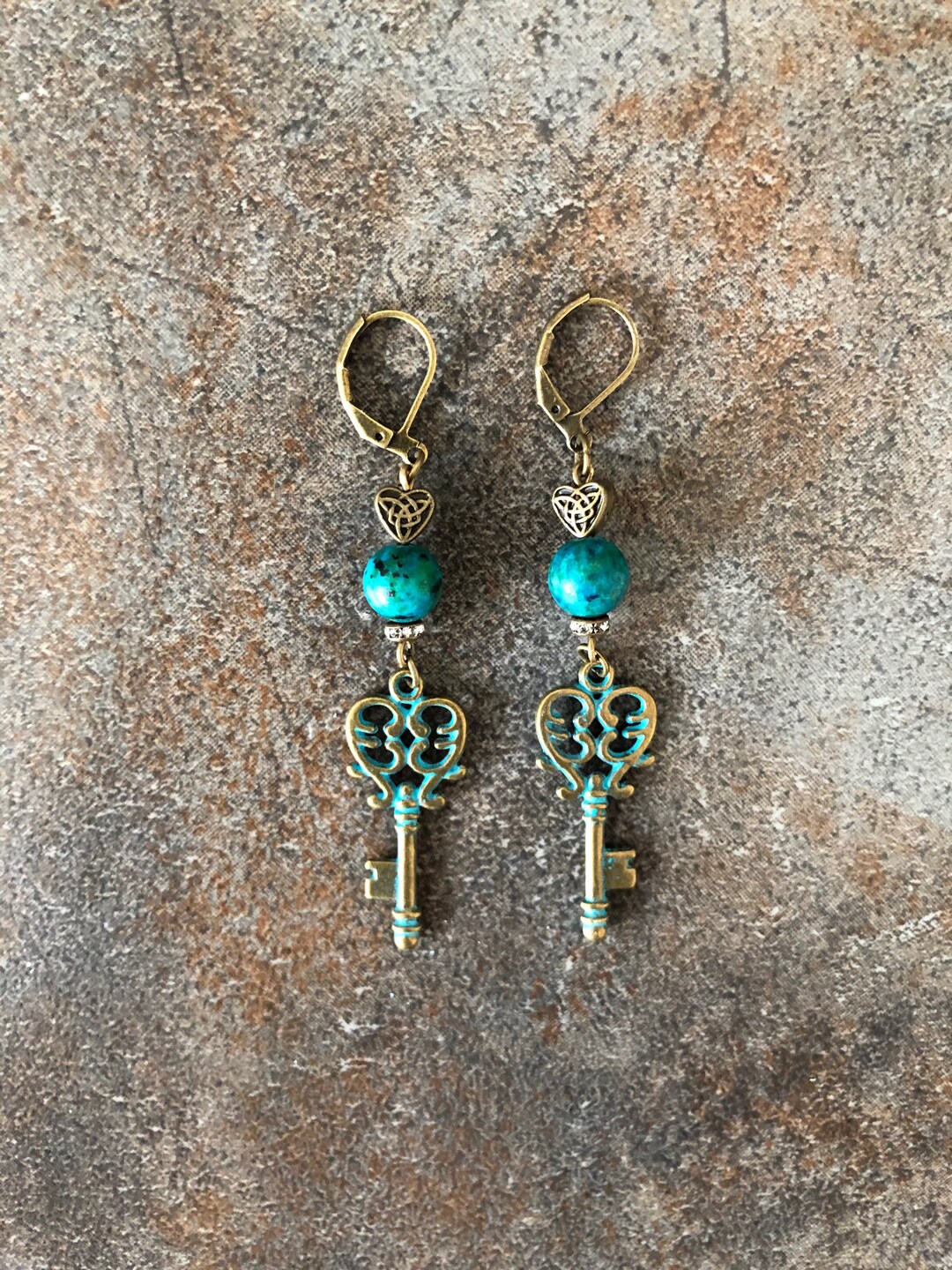 Victorian Bronze Skeleton Key Earrings: Turquoise Celtic Heart ...