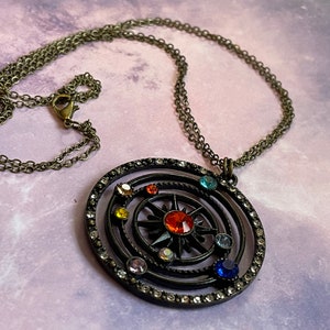 Celestial Solar System Pendant Necklace: Bronze Jeweled Sun, 18” Chain ...