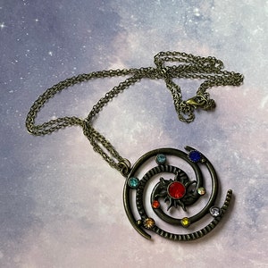 Celestial Solar System Pendant Necklace: Bronze Jeweled Sun, 18” Chain ...